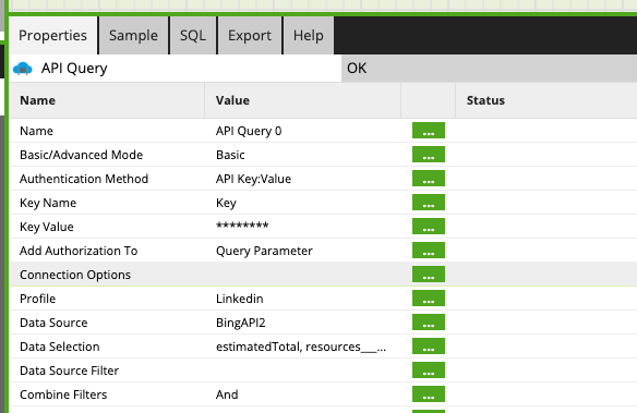 Adding information to the API Key:Value field does not pull the data in ...